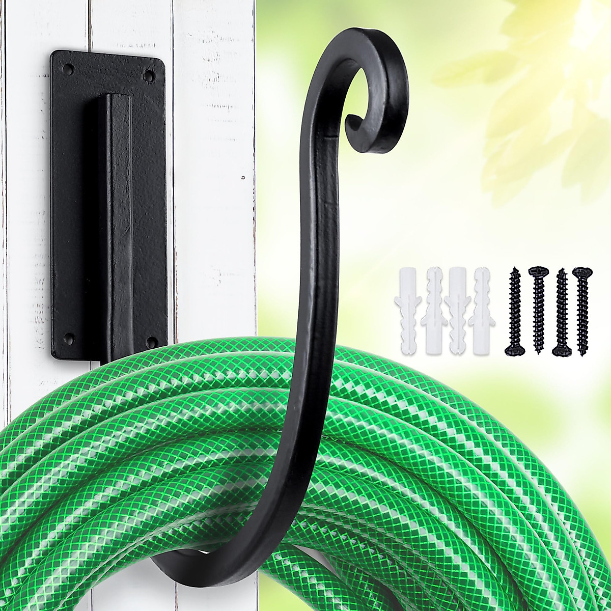 JUNSHUO Hose Holder Wall Mount （Metal/8-Inch） Heavy-Duty Garden Hose Hanger Outdoor, Hand-Forged Hose Rack Mount