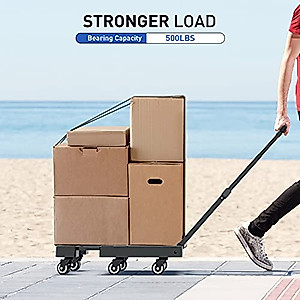 SPACEKEEPER Folding Hand Truck, 500 LB Heavy Duty Luggage Cart, Utility Dolly Platform Cart with 6 Wheels & 2 Elastic Ropes for Luggage, Travel, Moving, Shopping, Office Use, Black