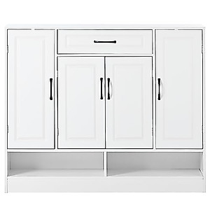 Modern Shoe Cabinet with Adjustable Shelves and Sturdy Top Surface, Wood Sideboard with 1 Drawers, Multifunctional Storage Cabinet for Entrance Corridor Bedroom (White + Particle Board-035)