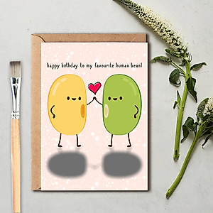 OystersPearl Happy Birthday To My Favourite Human Bean Card - Favourite Human Bean Funny Card - Kawaii Card - Food Pun Birthday Card - Funny Birthday Card