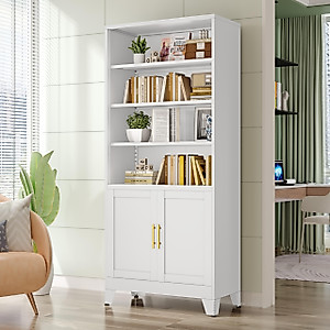 pozdeg 6 Tier Bookshelf and Bookcase, Metal Bookshelves with 4 Adjustable Shelves and 2 Doors, Floor Bookcase and Office Storage Cabinets for Office Study Livingroom Bedroom (White)