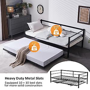 VINGLI Daybed with Pop Up Trundle, Heavy Duty Metal Twin Bed with Trundle, No Box Spring Needed, Black