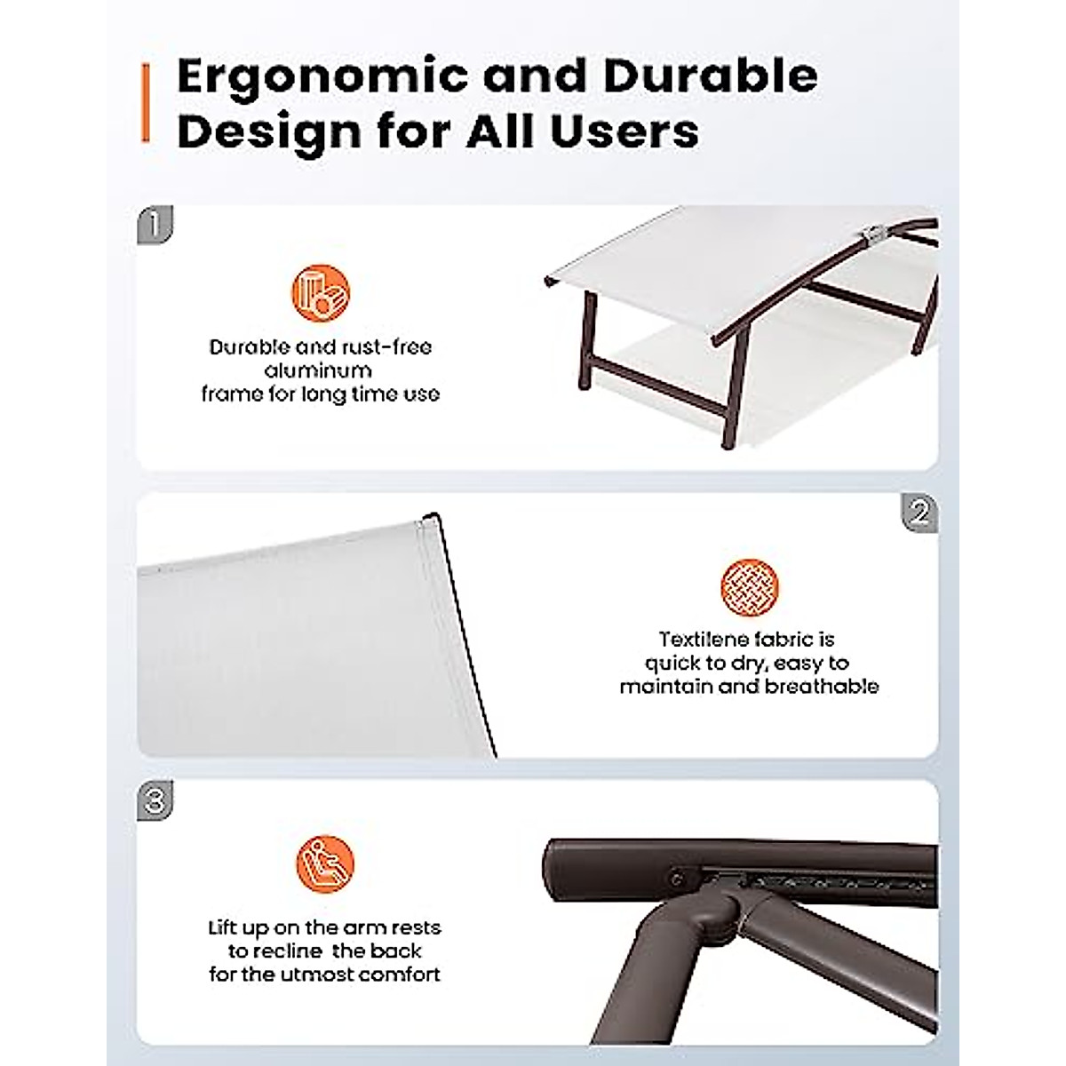 Pellebant Aluminum Patio Chaise Lounge Chair, Adjustable Chair for Outside with 8 Backrest Positions, Brown Frame, Folding Outdoor Recliners All Weather for Beach, Pool and Yard, Light Grey