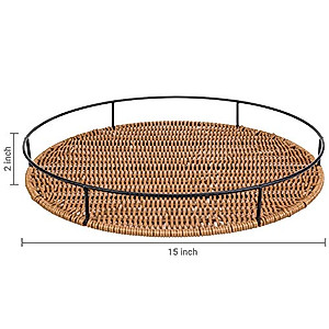 MyGift 15 Inch Round Brown Woven Rattan Decorative Serving Display Tray with Metal Frame Handles
