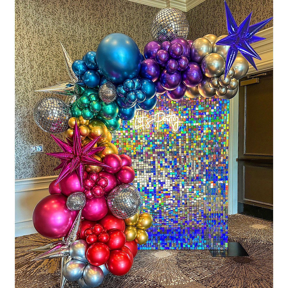 Woaipati 161pcs Shiny Chrome Balloon Garland Arch Kit Retro Disco Dance Party Decorations with 4D Disco Ball Balloons and Explosion Star Foil Balloons for 80s 90s Theme Neon Birthday Galaxy Supplies