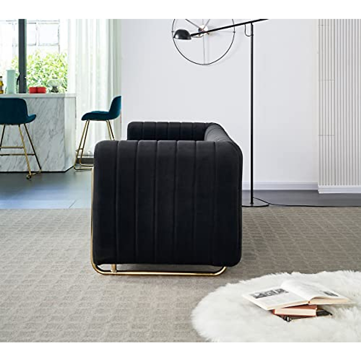 Melpomene Vertical Channel Tufted Velvet Sofa with Round Arm and Gold Metal Legs,Armrest 84.25" W（Black）