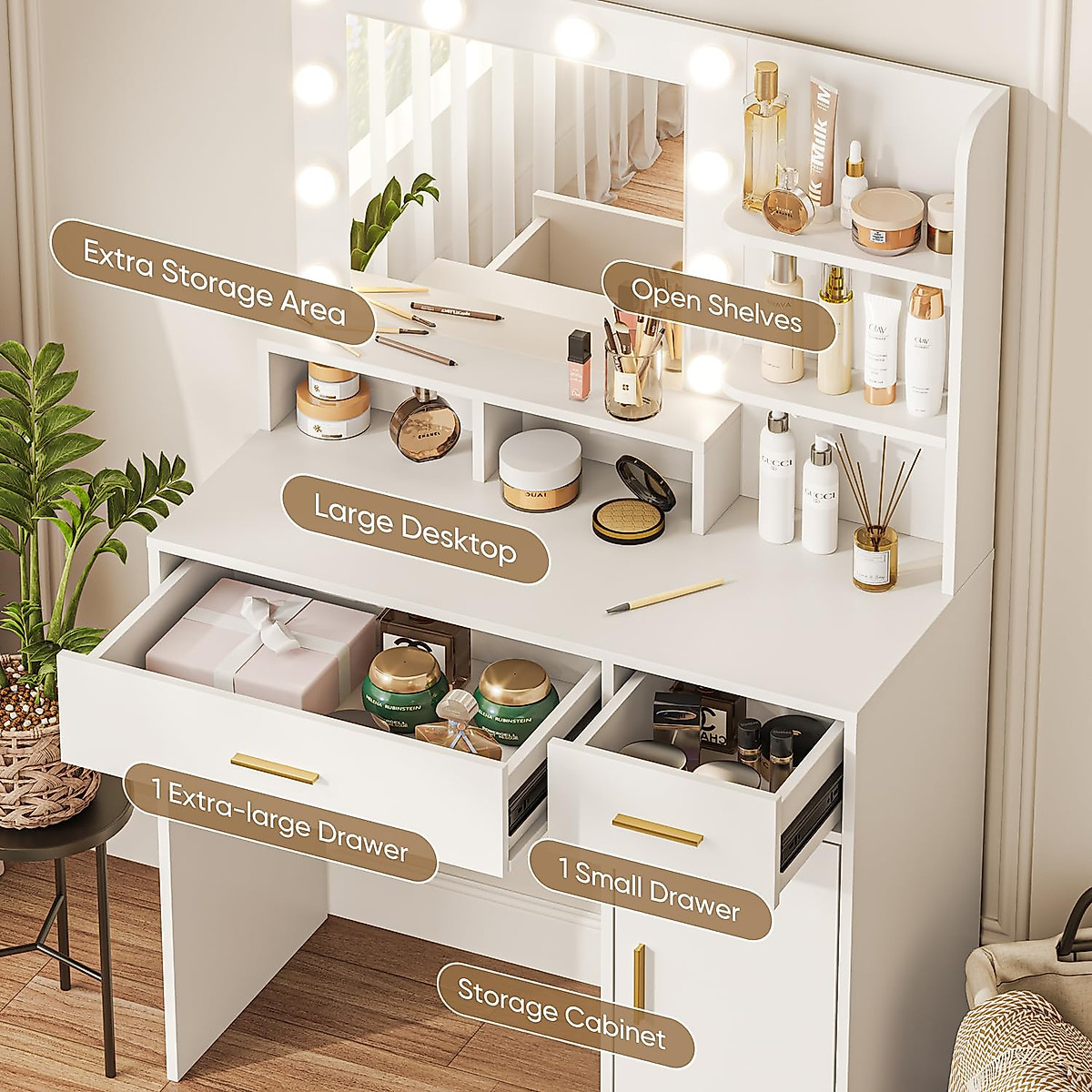 OTDMEL Makeup Vanity Desk, Vanity Table with Mirror & Lights, 35" W Vanity Set with 2 Drawers & Shelves Cabinet,3 Color Modes & Adjustable Brightness Dressing Table for Bedroom, White