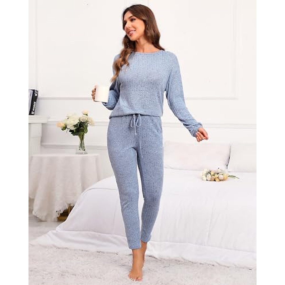 difficort Womens Pajama Sets Long Sleeve Pjs Soft Sleepwear Ribbed Knit Lounge Set with Pockets,K-Light Blue,Small
