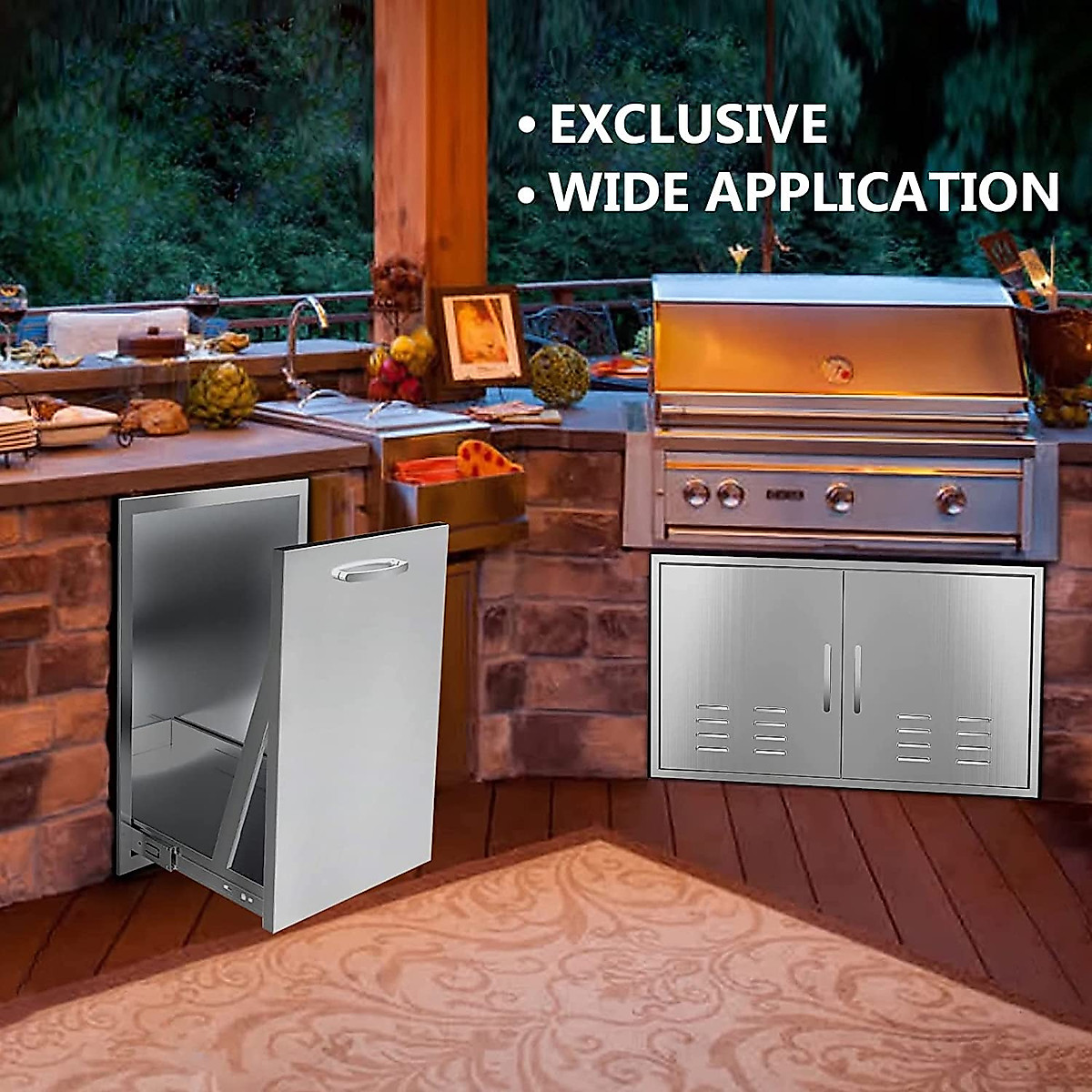 KODOM Built-in Double Trash Drawer 20" W x 27" H x 24" D Pull-Out Tray Outdoor Kitchen Stainless Steel Trash Drawer with Handle Storage Two Trash Bins for BBQ Island Grill Station