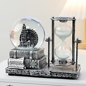 LED Snow Globe,Music Crysral Ball with Sand Clock Timer,Retro Style Ferris Wheel Pylon Decoration,Vintage Paris Eiffel Tower Home Decoration,for Bedroom Bureau Office(Silver - Ferris Wheel)