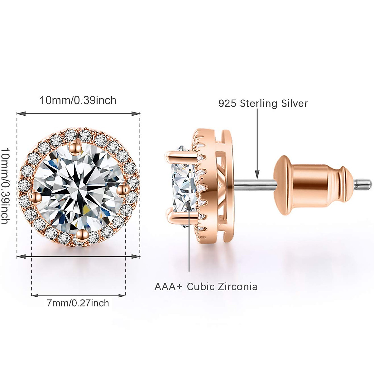 18K Gold Plated Halo Stud Earrings CZ Simulated Diamond Round Earing for Women,Rose Earrings for Man,Sparkle Allure Earrings with Size 0.39inch,in Rose Gold