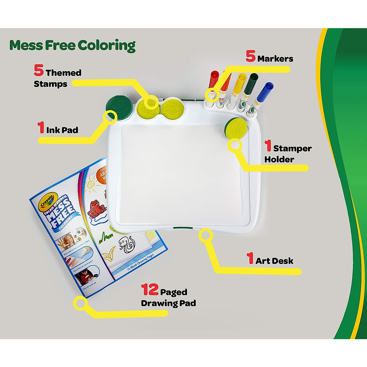 Crayola Color Wonder Mess Free Art Desk with Stamps, 20+ Pieces, Kids Toys