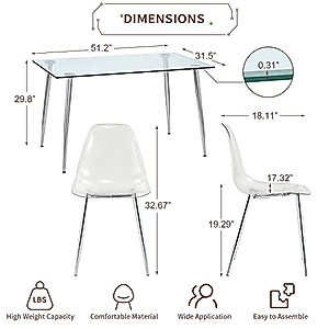51 inch Glass Dining Table Set for 4, Dining Table & Chair Sets with Silver Plating Legs for Kitchen, Modern Rectangle Tempered Glass Table Top and Transparent Plastic Dining Chair for Dining Room