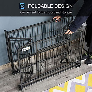 PawHut Folding Design Heavy Duty Metal Dog Cage Crate & Kennel with Removable Tray and Cover, & 4 Locking Wheels, Indoor/Outdoor 37"