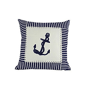 Hampton Nautical Blue Stripes Decorative Thrown Living Beach House Pillow, 16", Anchor