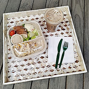 I-lan Square Serving Trays, Wooden Ottoman Tray with Cutout Handles, Decor Valet Tray, Chromatic Mother of Pearl Inlay Table Tray for Food, Catering, Catchall, Kitchen S-13.7"