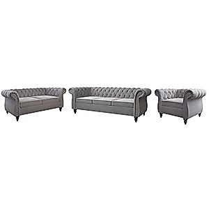 PHOYAL 3 Piece Living Room Set, Chesterfield Velvet Sofa Loveseat Couch Chair with Scroll Arms and Nailhead for Living Room, Office (Grey, 1-2-3)