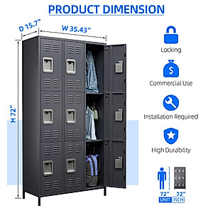 SUPEER 9 Doors Metal Storage Locker with 27 Hooks,Metal Lockers for Employees with Lock for School Office Gym Bedroom,Assembly Required,Dark Grey