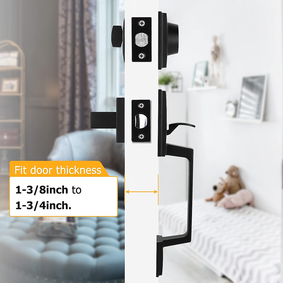 Azdele Black Front Door Handle with Deadbolt and Lever Set, Modern Front Door Lock Set, Black Door Handle with Single Cylinder Deadbolt for Exterior Door, Reversible for Right&Left Handed, Matte Black