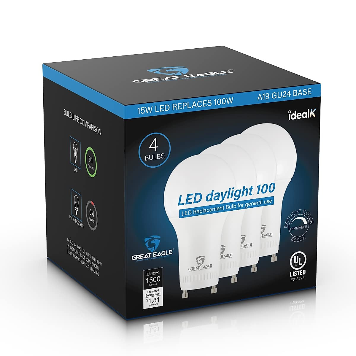 Great Eagle Lighting Corporation 15W (100W Equivalent) GU24 LED Light Bulb Dimmable 5000K Daylight, UL, Replace CFL Twist-in 2 Prong (4-Pack)