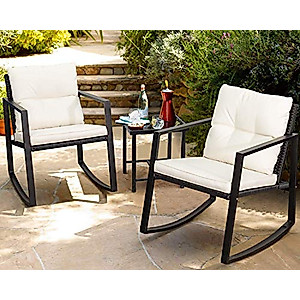 Flamaker Patio Chairs 3 Piece Wicker Rocking Chair Outdoor Bistro Sets with Coffee Table and Cushions Metal Frame Patio Furniture for Porch, Balcony, Lawn (White)