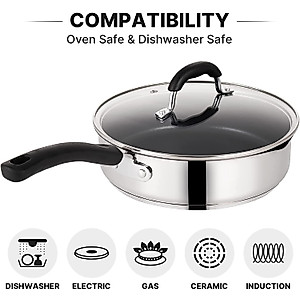 Qstar 3 qt. Stainless Steel Aluminum Nonstick Saute Deep Fry Pan with Lid and Pour Spout