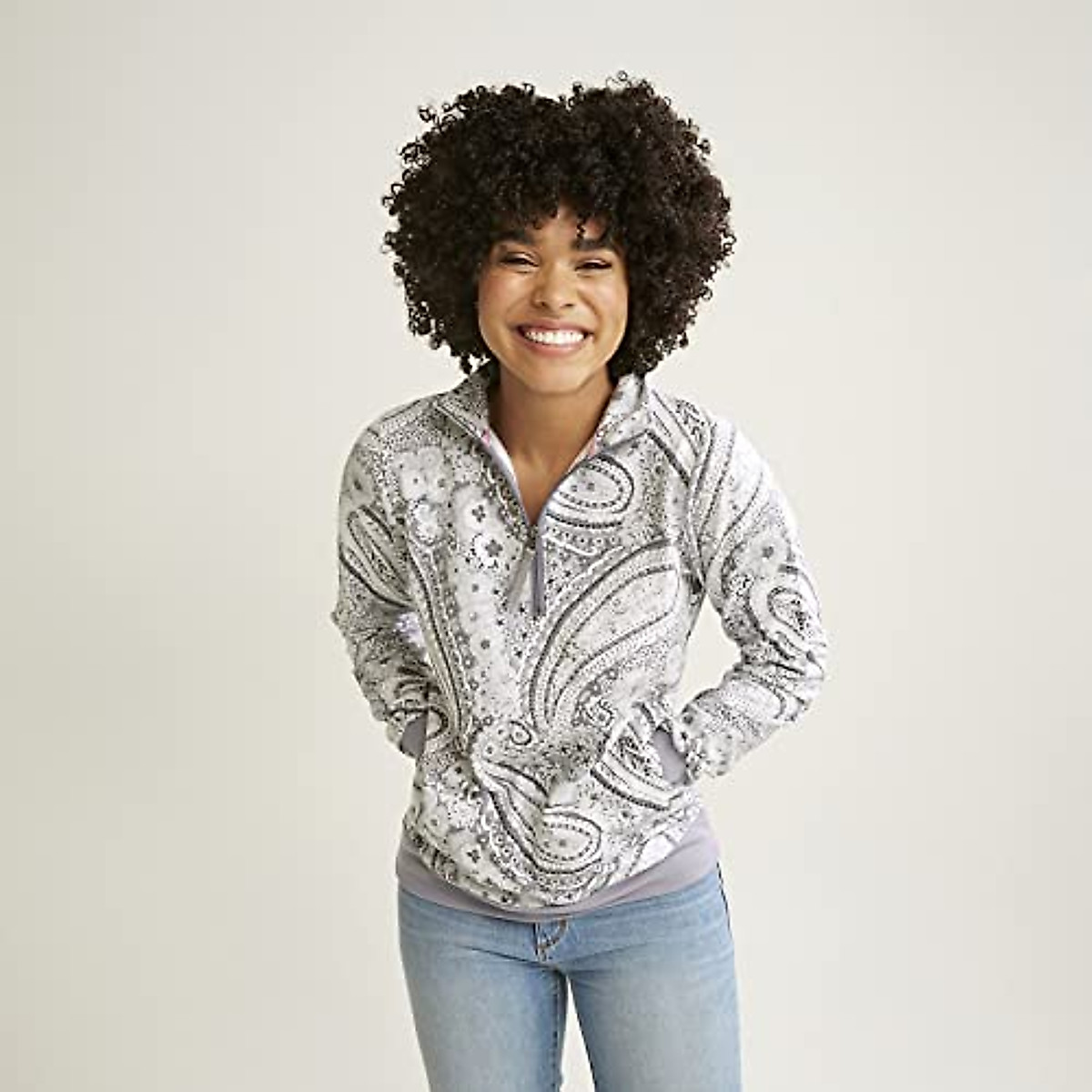 Vera Bradley Women's French Terry Quarter-zip Sweatshirt With Pockets (Extended Size Range), Citrus Paisley Gray, Large