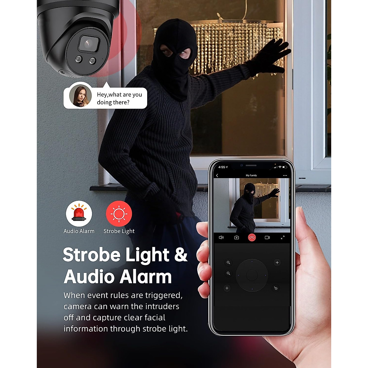 DS-2CD2386G2-ISU/SL 2.8mm HIK 4K 8MP AcuSense PoE IP Camera Outdoor Indoor with Strobe Light and Audible Warning, DarkFighter, Human/Vehicle Detection, H.265+, Work with HIK NVR/Hik-Connect(Black)