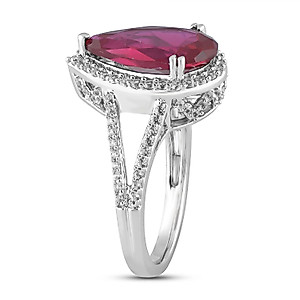 Jewelili Sterling Silver 14x9mm Pear Created Ruby and Round Created White Sapphire Teardrop Halo Ring, Size 8