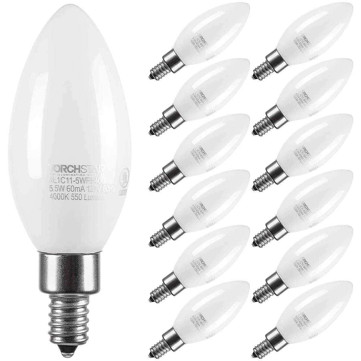 TORCHSTAR 12-Pack Dimmable E12 LED Candelabra Bulb, UL Listed, 60W Equivalent Chandelier Light Bulbs, 550LM, LED Filament Candle Bulb C11, Frosted Glass Ceiling Fan Light Bulbs, 4000K Cool White
