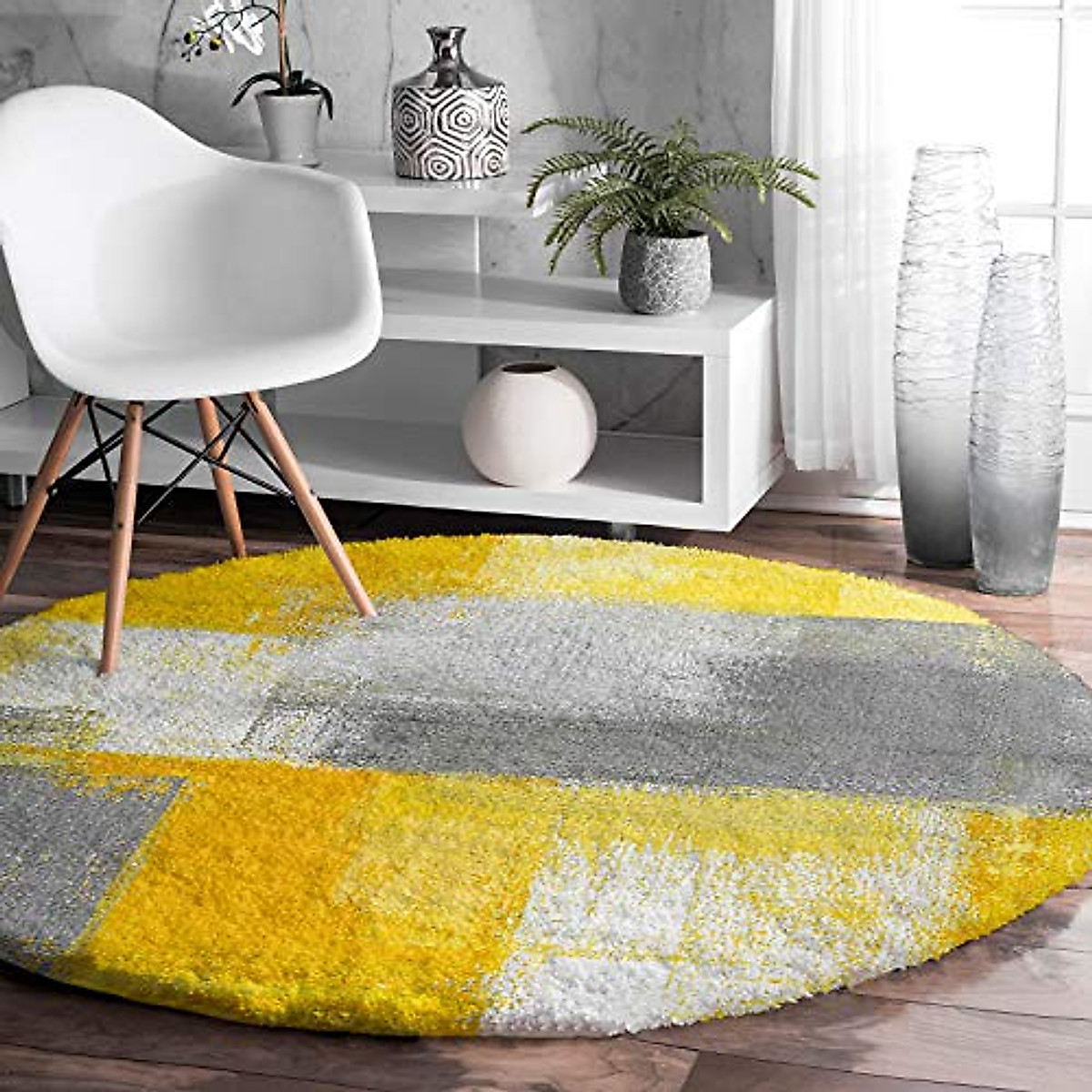 AmbeHome Round Fluffy Soft Area Rugs, Abstract Yellow and Grey Painting Circle Rug Fluffy Carpet, Shaggy Floor Mat Furry Large Rug for Living Room Bedroom Home Decor, 5ft Artwork Street Painting