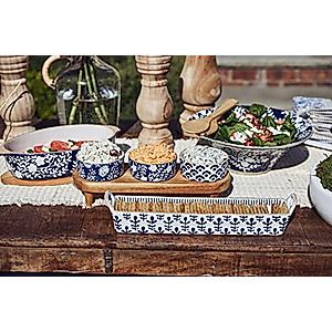 Mud Pie Indigo Dip Bowl Wood Foot Board, Blue, bowl 2" x 4" dia | stand 5" x 16"