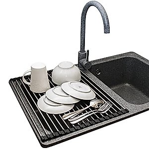 RENOBICA Roll Up Dish Drying Rack 21" x 16" - Over The Sink for Kitchen Counter, Foldable SUS304 Stainless Steel Dish Drying Rack for Cups, Utensils, Fruits, Vegetables