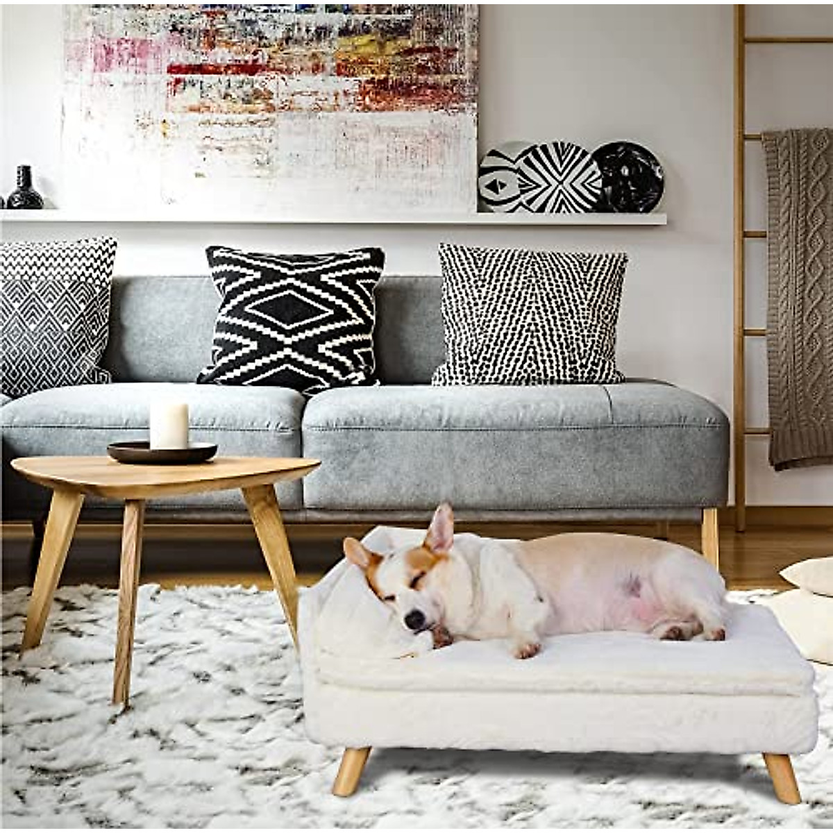 BingoPaw Elevated Pet Bed,Nordic Pet Stool Bed with Cozy Pad Waterproof,Pet Chair with Sturdy Wood Legs for Small Dog Kitten