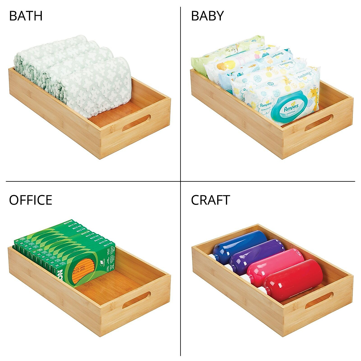 mDesign Wide Bamboo Kitchen Cabinet & Fridge Drawer Organizer Tray - Storage Bin with Handles for Cutlery, Serving Spoons, Cooking Utensils, Appliances - Echo Collection, 8 Pack, Natural Wood