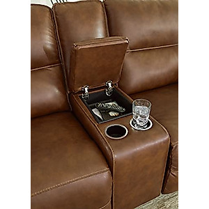 Signature Design by Ashley Francesca Modern Tufted Leather Power Reclining Loveseat with Console and Adjustable Headrest, Dark Brown