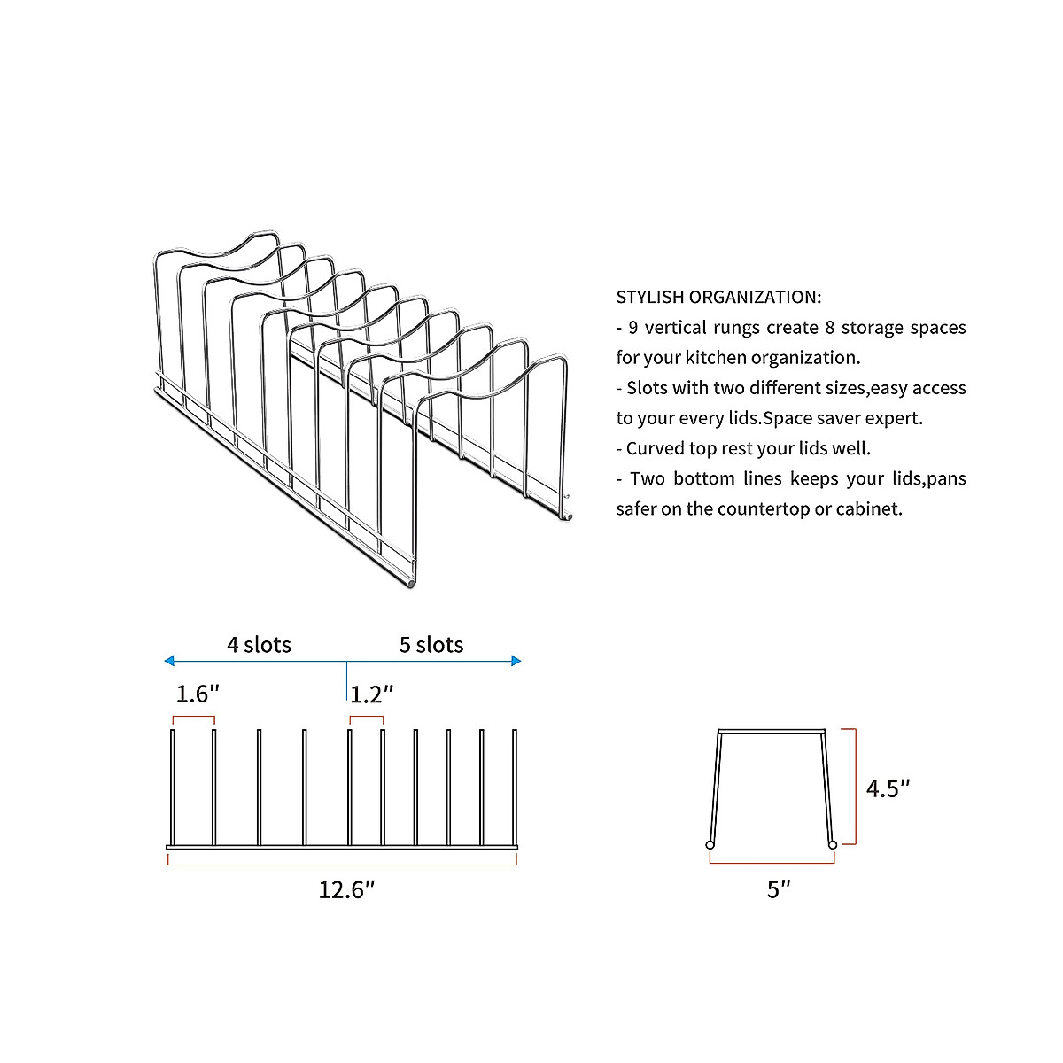 2 Pack HS Ideas Pot Lid Organizer, Kitchen Plate Rack Holder Rest,Pan and Pot Lid Holder for Cutting Boards, Bakeware, Cooling Rack, Serving Trays,Pantry and Cabinet Holder - Silver Finish…