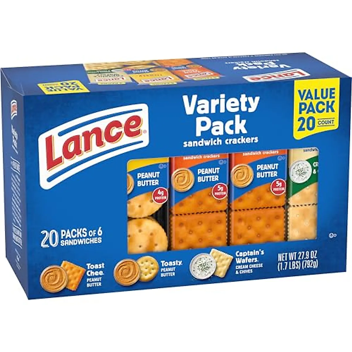 Lance Sandwich Crackers, Variety Pack, 3 Flavors, 20 Individually Wrapped Packs, 6 Sandwiches Each