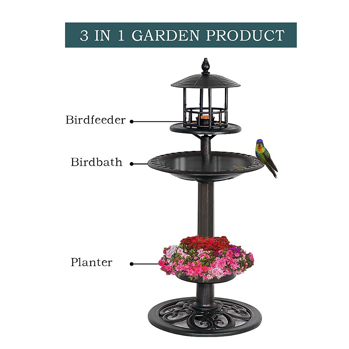 Amazing Plastic Birdbath Bird Feeder with Planter for Garden Lawn Backyard Patio Balcony Decor with 27.5” Height