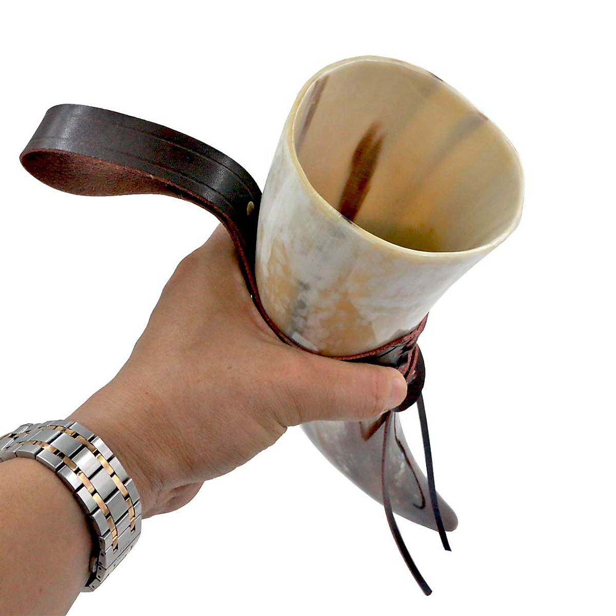 HONGLAYS Viking Horn Mugs-Handmade Home Real Viking Drinking Horn with Leather Straps Beer Wine Goblet Chalice Tankard Ox Horn Beaker Vessels (With Leather Straps)