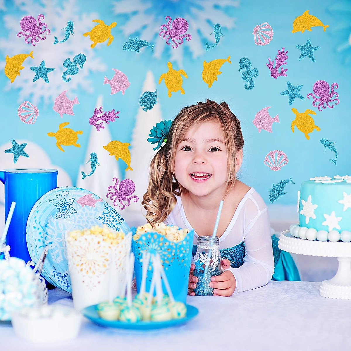 Whaline 300Pcs Sea Theme Confetti Sea Animal Table Confetti Glitter Starfish Turtle Dolphin Seagrass Table Decorations for Birthday Party Scatter Beach Theme Party Wedding Decorations DIY Crafts