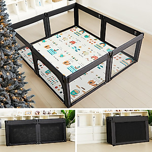 COSOLA Baby Playpen for Toddlers, Foldable Playpen Safe Anti-Fall Play Yard, Visible Mesh Play Pen with Zipper Gate, Baby Fence Play Area with Pull-up Rings, Adjustable Baby Play Yards, Black 71x59