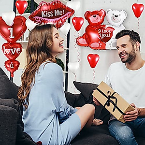 Civaner 25 Pcs Red Heart Balloons I Love You Valentines Day 2000 Rose Petals 40 Inch Bear Balloon and White Shaped Lip for Wedding Party Decoration, White,transparent,red