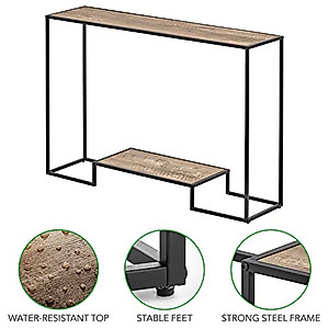 mDesign Modern Wood Inlay Console Table - Sturdy Metal Frame, Wood Top - Furniture Unit for Living Room, Bedroom, Hallway, Entryway - Inlay Bottom Shelf - Black/Gray Wash