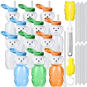 Zubebe 12 Pack Honey Bear Straw Cups Bulk with 24 Flexible Straws and Cleaning Tools, 8 Oz Therapy Sippy Bottles for Speech and Feeding Training Daily Drinking Supplies (Green, Orange, Blue)