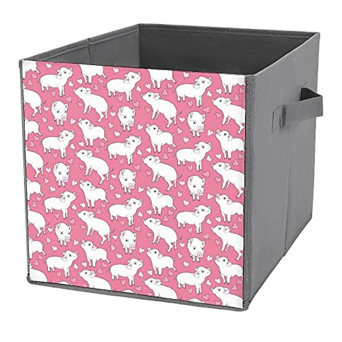 Pink Mini Pigs PU Leather Collapsible Storage Bins Canvas Cube Organizer Basket with Handles