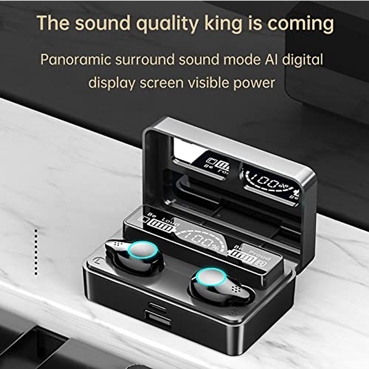 Wireless Bluetooth LED Display Electroplated Earphones,9D HiFi Stereo Sound with Mic,with Charging Case, Binaural Call,Noise Reduction Technology, IPX7 Waterproof, for Sports, for iOS Android (Black)
