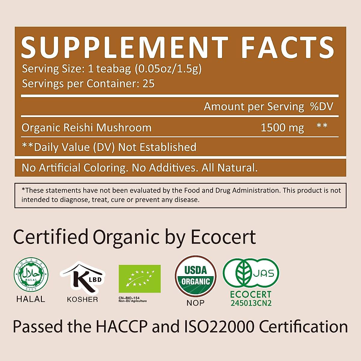 GANOHERB Organic Reishi Mushroom Tea, Adaptogen Ganoderma Lucidum Herbal Tea for Immune Health Boost, Stress Relief, 100% USDA Organic, Caffeine-Free, No Sugar, 25 Count (Pack of 1)