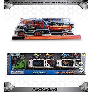 Mozlly Bundle of Friction Powered Hauler ATVs or Monster Trucks Car Carrier Playset & Monster Truck with Speed Boat Trailer Transport Toys - Push & Go