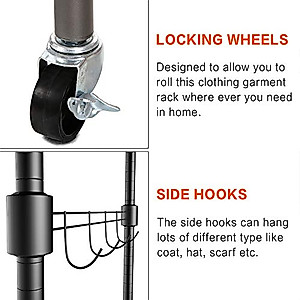 Kemanner Heavy Duty Rolling Garment Rack 3-Tiers Wire Shelving W/Double Rods & Lockable Wheels & 1 Pair Side Hooks - Hold Up to 400Lbs (Black, 2Rod 2Hook)